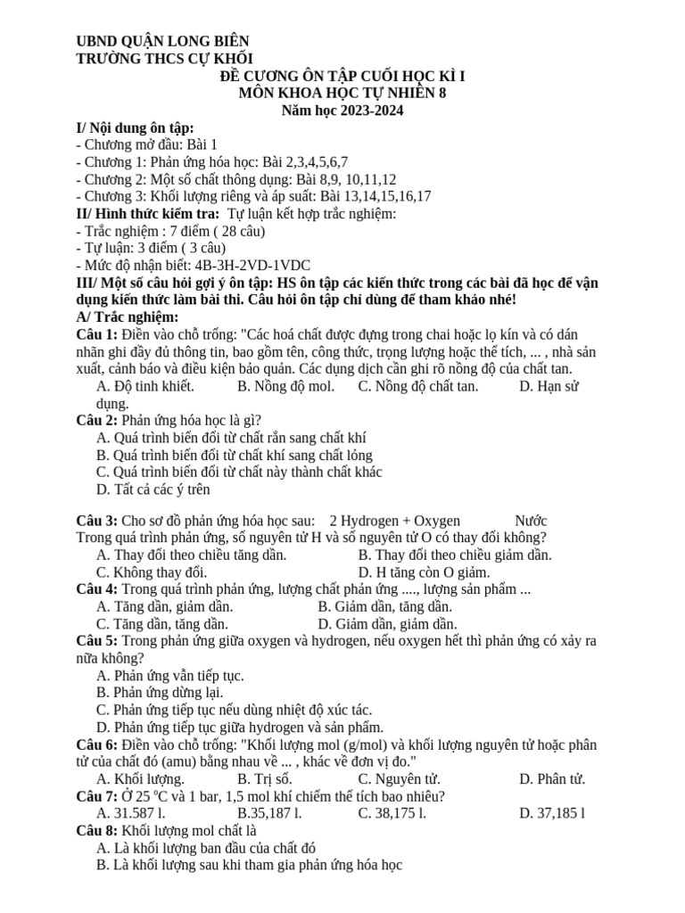 De Cuong KHTN 8 Ki 1 - 14122023 | PDF