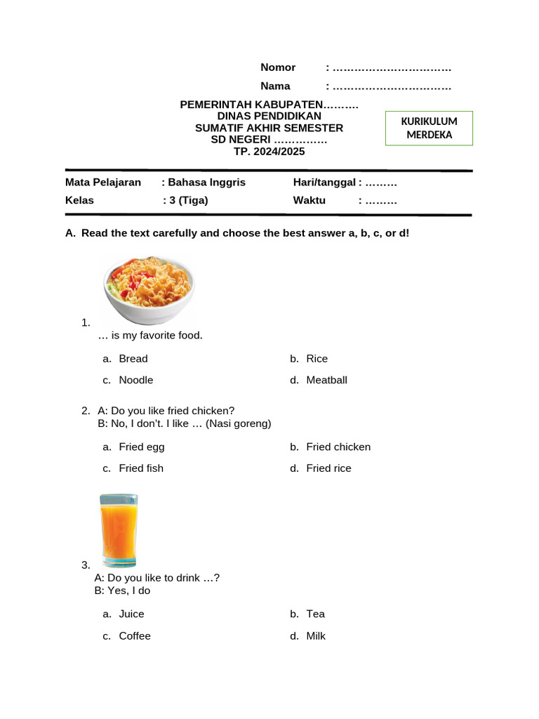 Soal Asas Ganjil Bing Kelas 3 | PDF | Cuisine | Foods