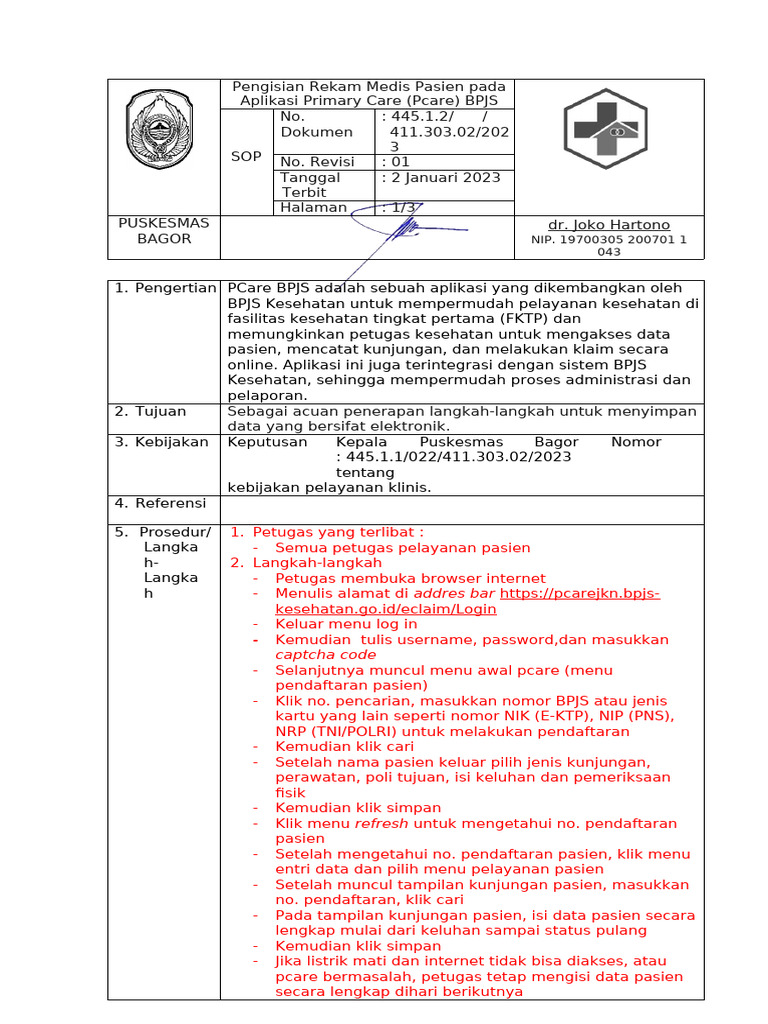 SOP Pengisian Rekam Medis PCare | PDF
