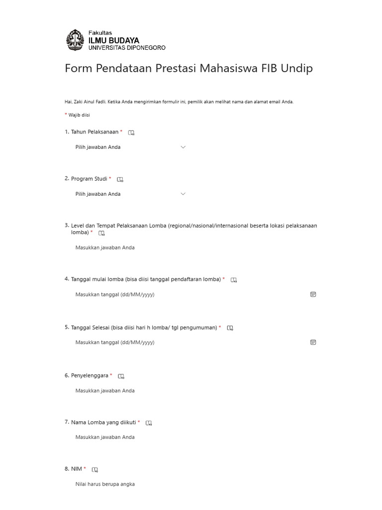 Form Pendataan Prestasi Mahasiswa FIB Undip | PDF
