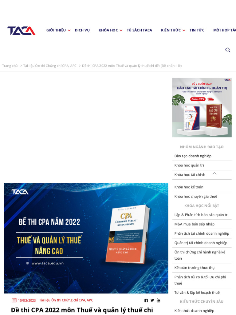 Đề thi CPA 2022 môn Thuế và quản lý thuế chi tiết (Đề chẵn - lẻ) | PDF