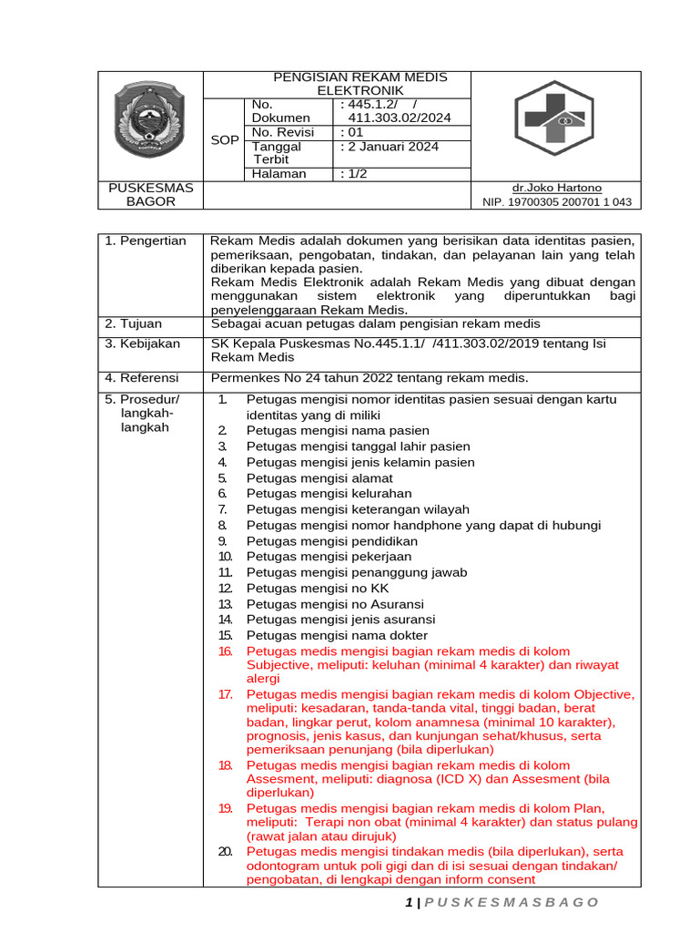 Sop Pengisian Rekam Medis Elektronik | PDF