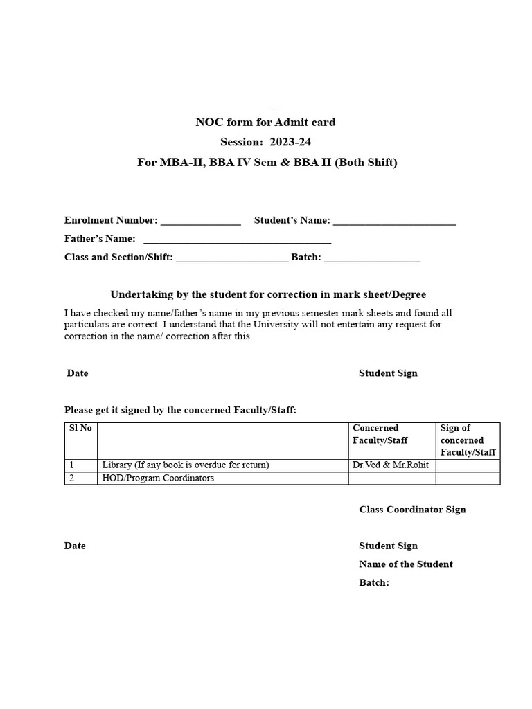 NOC Form for MBA & BBA Admit Card | PDF