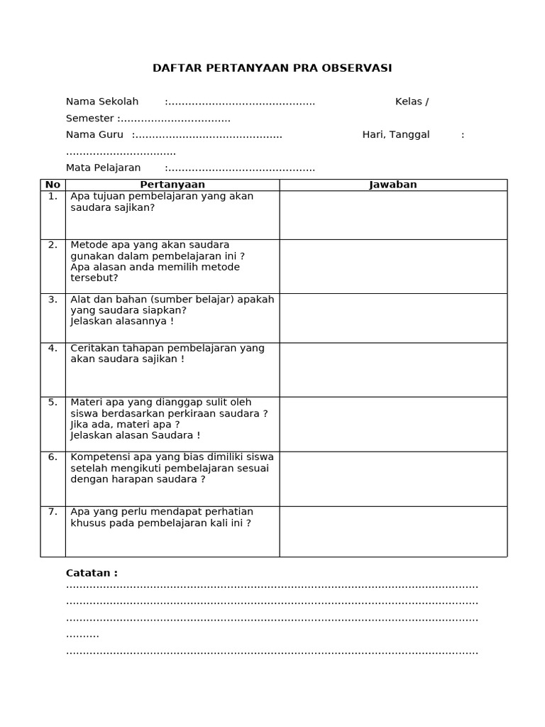 Pertanyaan Pra Observasi | PDF | Karier & Perkembangan
