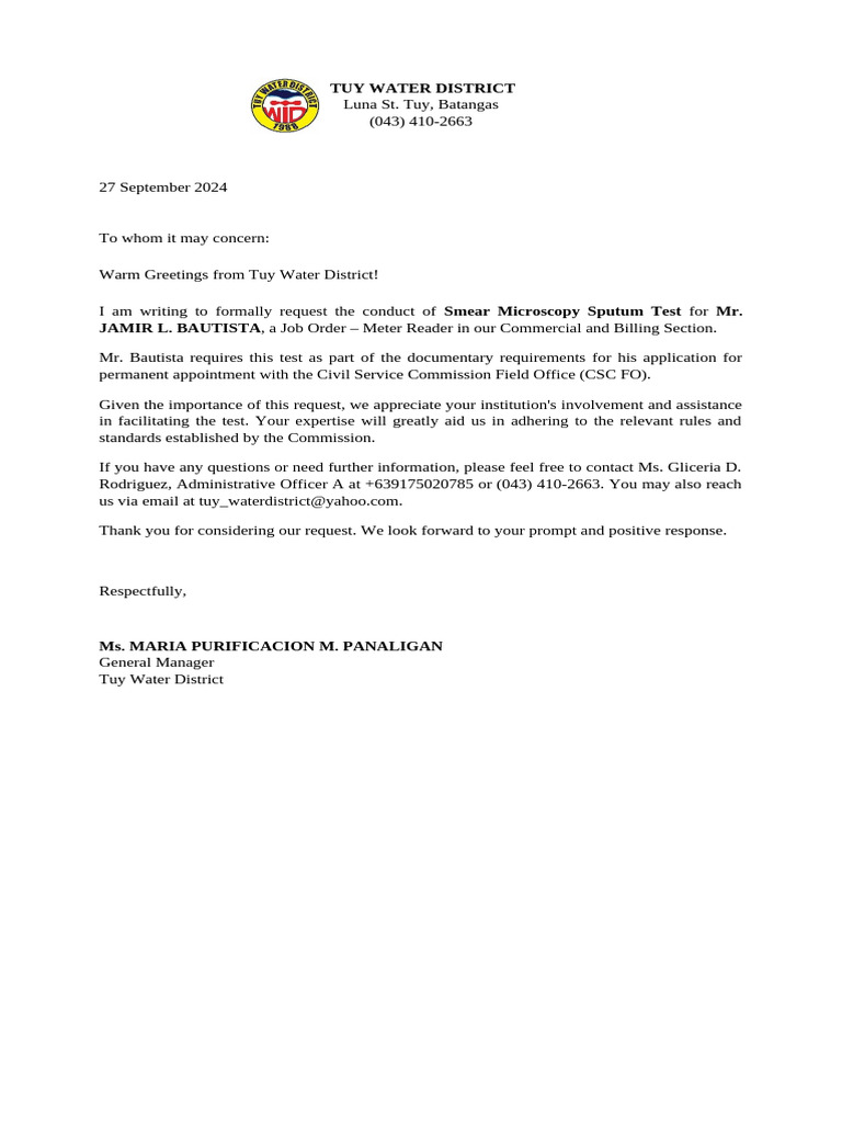 TWD-As-Request Letter For Jamir Bautista | PDF