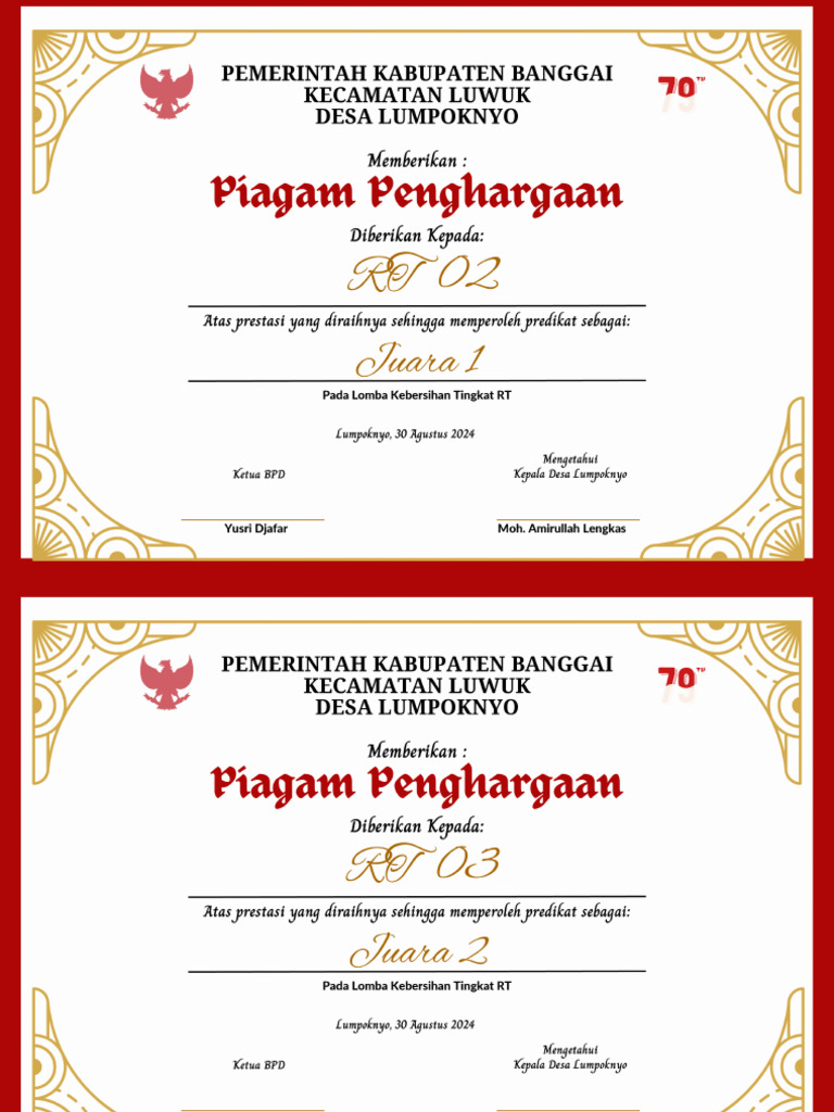 Putih Merah Sederhana Meriah Penghargaan Lomba Hari Kemerdekaan Indonesia Sertifikat A4 | PDF