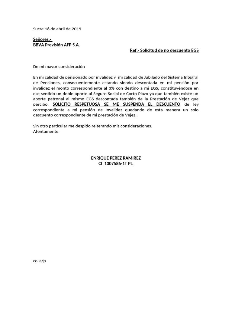 Afp Carta Solicitud de No Descuento Egs ENRIQUE PEREZ | PDF | Finanzas y dinero