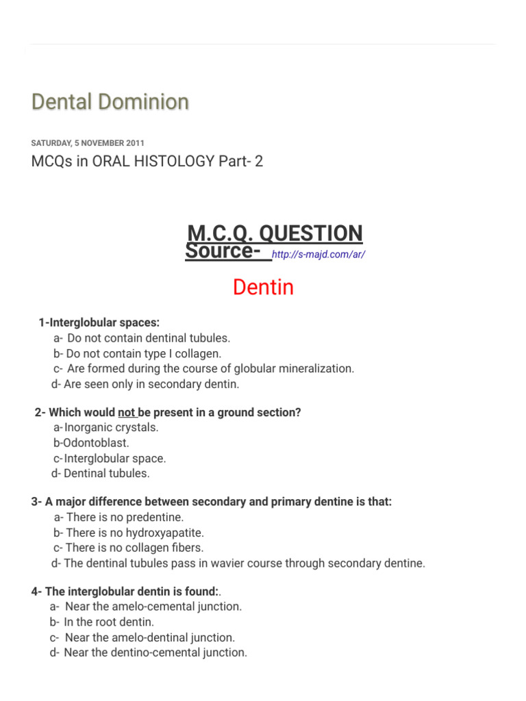 Dental Dominion - Mcqs in Oral Histology Part - 2 | PDF | Dentin ...