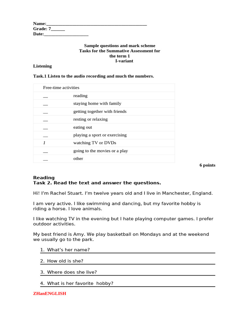 7th Grade Summative Assessment Tasks | PDF | Self-Improvement