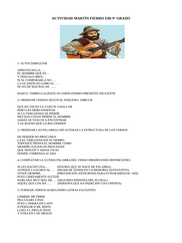 Actividades de Martín Fierro para 9° Grado | PDF