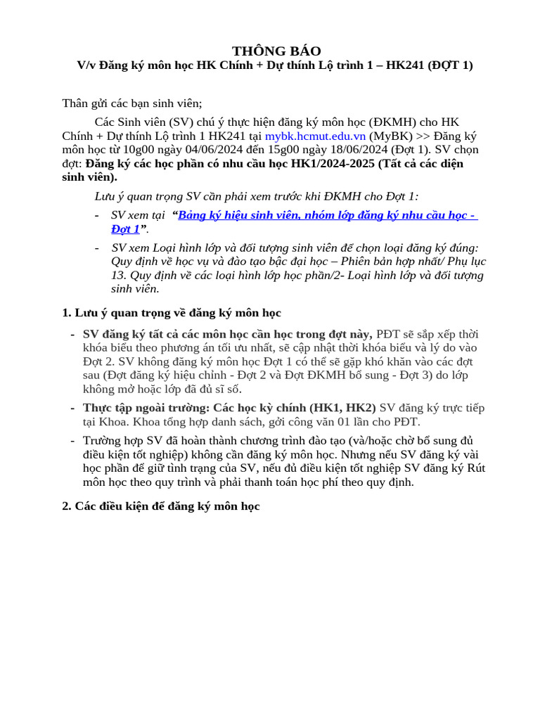 PDT - Thong Bao DKMH HK1.24.25 Va Lo Trinh Du Thinh | PDF