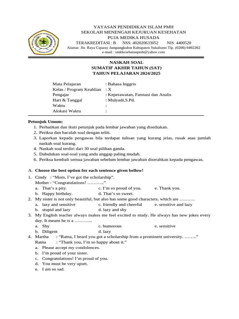 Soal SAT B.Inggris Kls. X 2024 | PDF