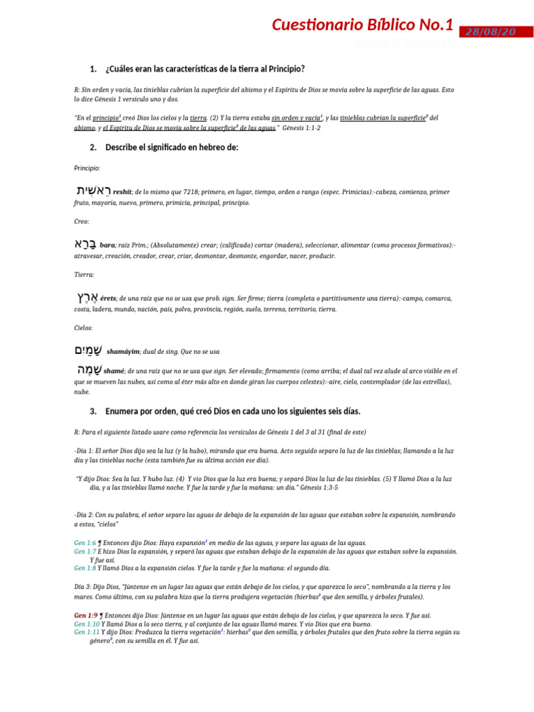 Cuestionario Biblico 1 | PDF | Narrativa de la creación del Génesis ...