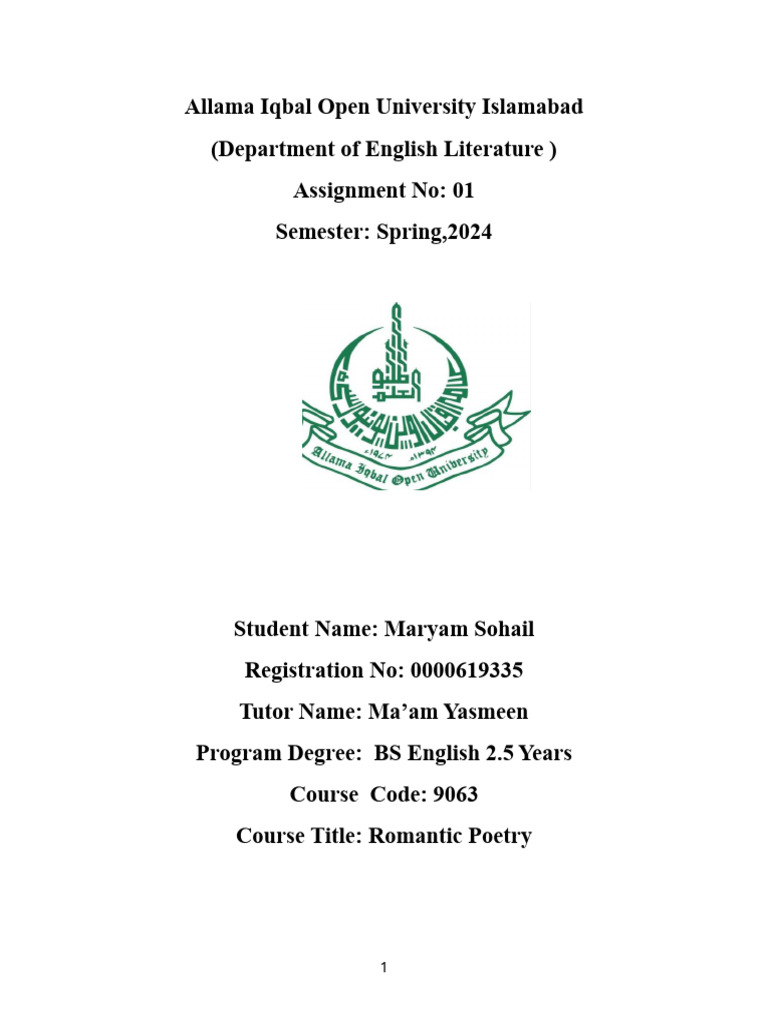 Maryam Sohail 9063 Assignment No 1 | PDF | Romanticism | Poetry