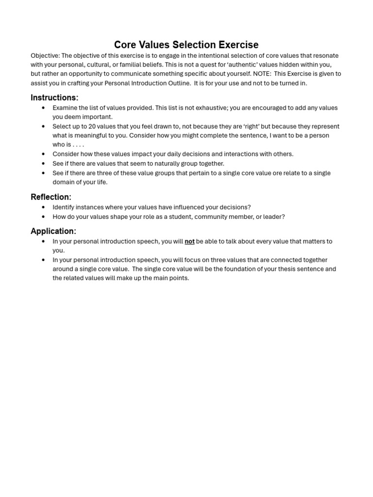 Core Values Selection Exercise | PDF | Psychology | Social Psychology