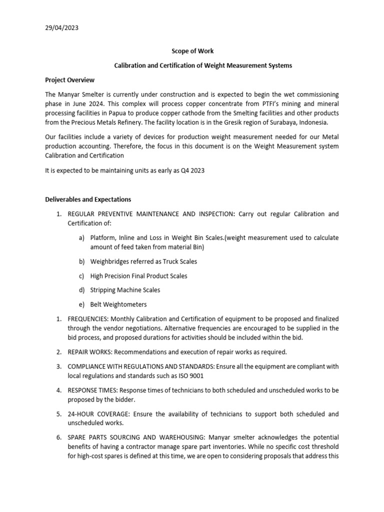 Calibration & Certification Scope for Manyar Smelter | PDF ...
