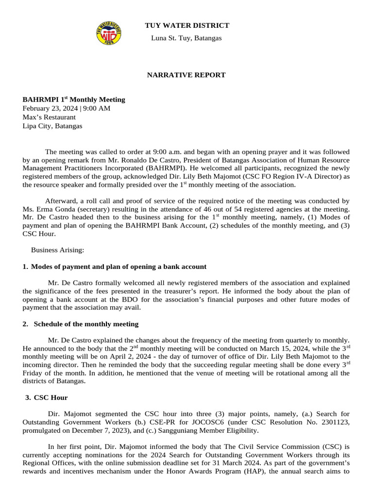 Narrative Report - BAHRMPI 1st Monthly Mtg. (Feb. 23, 2024) | PDF ...