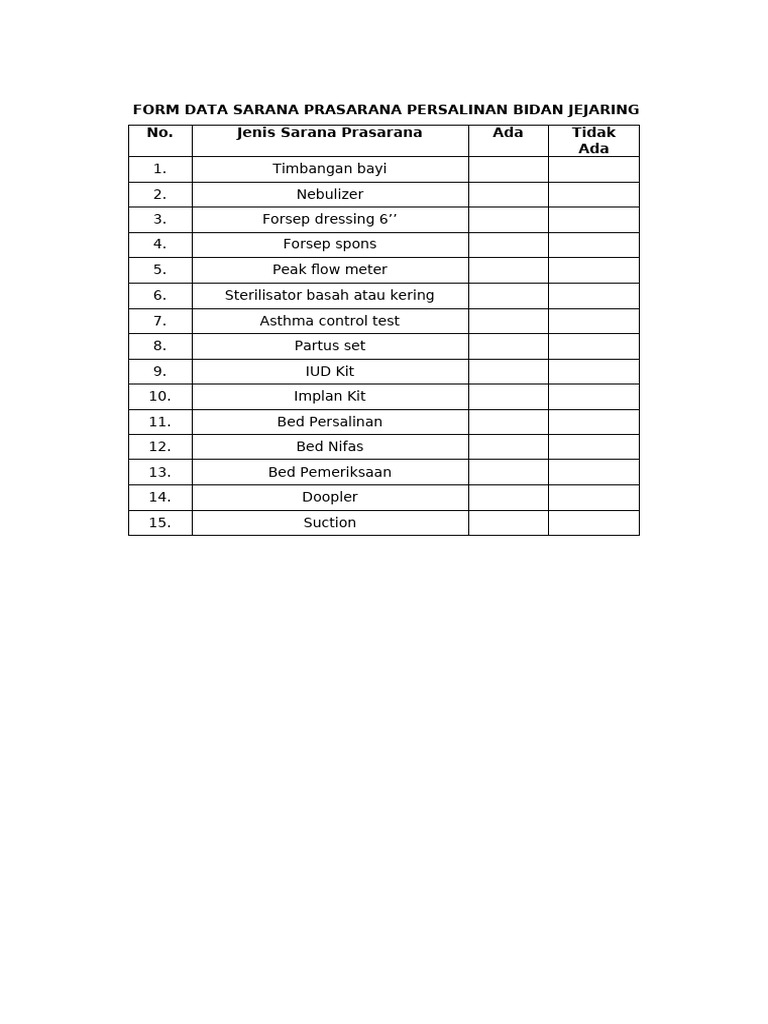 Form List Sarpras Bidan Jejaring | PDF