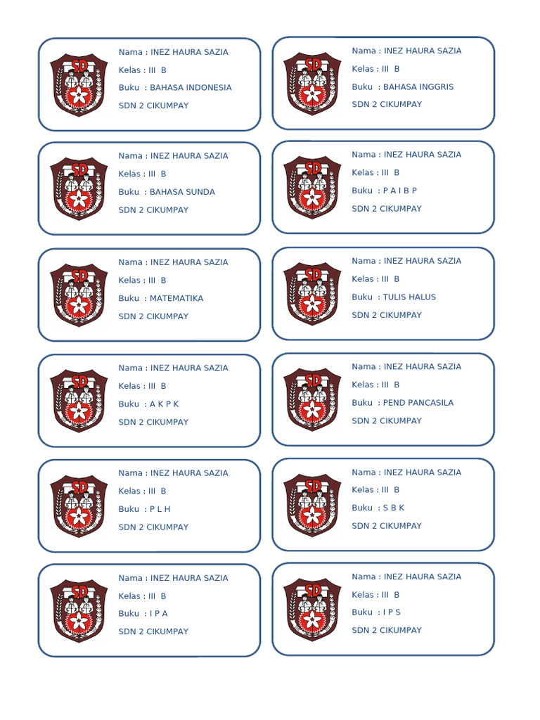 Template Label Nama Pelajaran Gambar Bukueditable Word | PDF