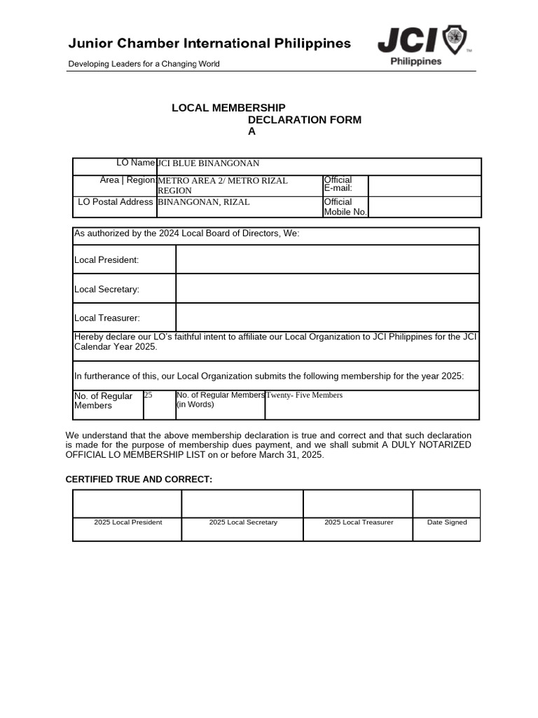2025 MDF Form A JCI BLUE BINANGONAN | PDF