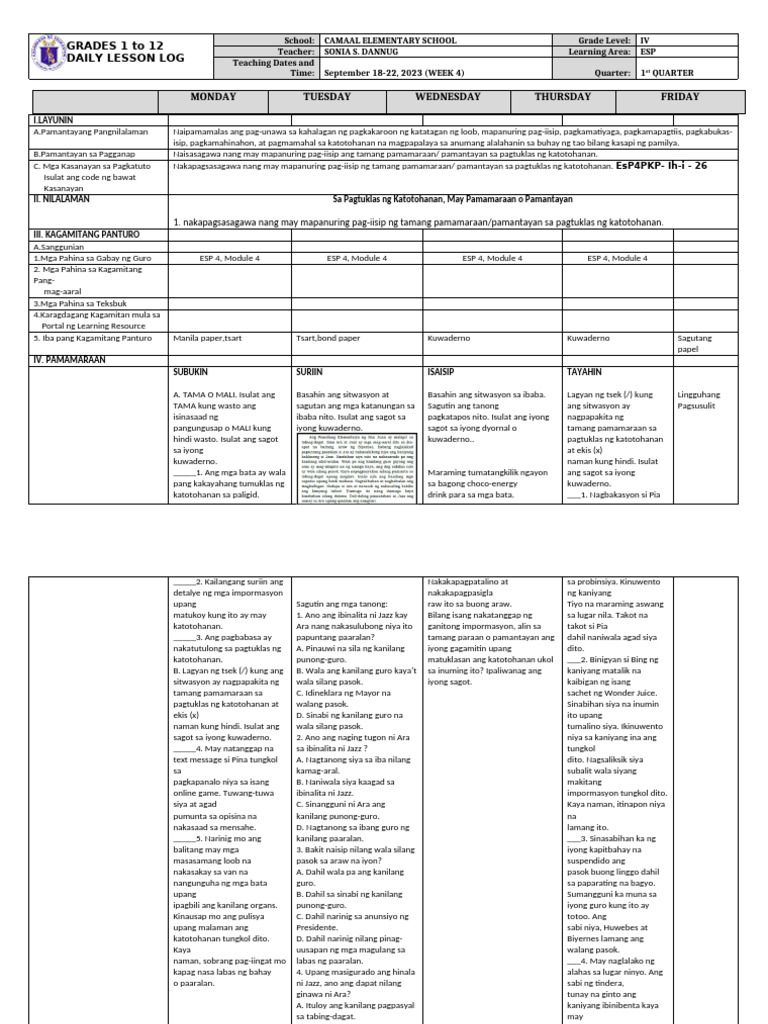 DLL - Esp 4 - Q1 - W4 | PDF