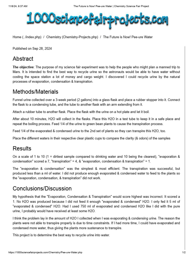 The Future Is Now! Pee-Ure Water - Chemistry Science Fair Project | PDF ...