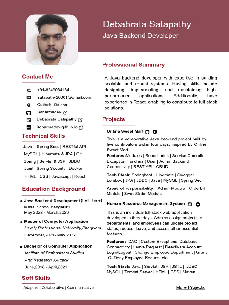 Debabrata Satapathy Resume fw20 0629 | PDF | Java (Programming Language) | Software Development