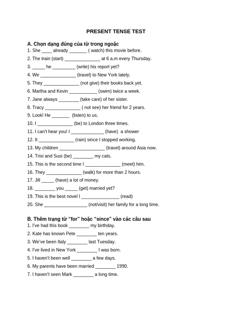PRESENT TENSE TEST | PDF