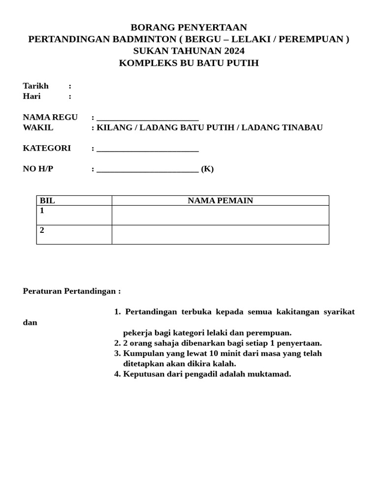 Borang Penyertaan Badminton | PDF