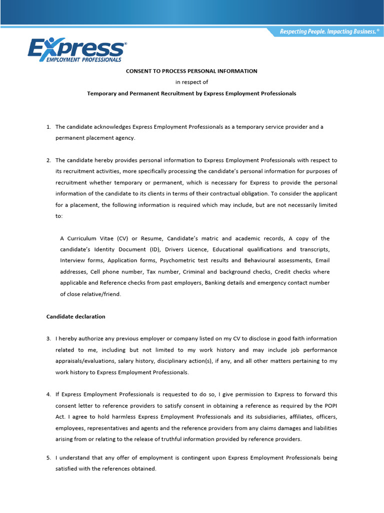 Candidate Consent To Process Personal Information 2024 | PDF | Consent | Employment