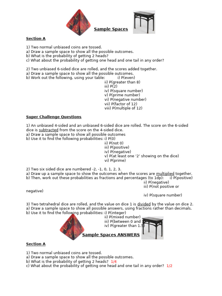 4)-Sample-Spaces Worksheet | PDF | Odds | Numbers