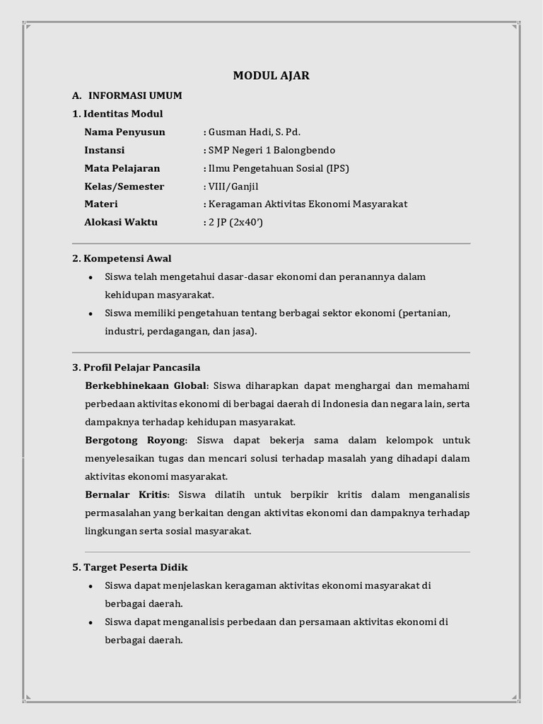 Modul Ajar IPS: Keragaman Ekonomi Kelas 8 | PDF | Ilmu Sosial | Seni
