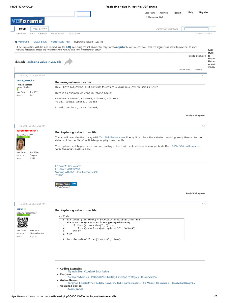 Replacing Value in .CSV file-VBForums | PDF | Internet Forum | Computing