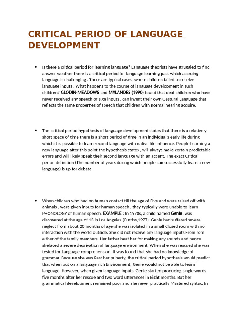 Critical Period For Language Development. - Core 3 | PDF | Language Development | Speech