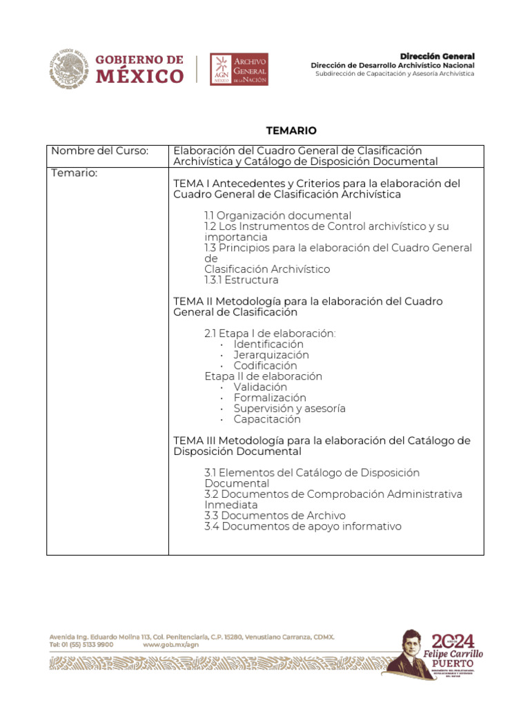 2 - Temario de Elaboración Del Cuadro General de Clasificación Archivística y Catálogo de ...