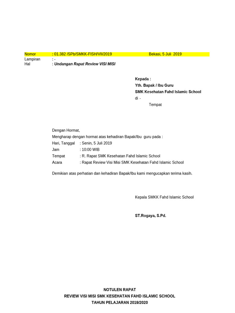 Undangan Rapat & Notulen Review VISI MISI | PDF