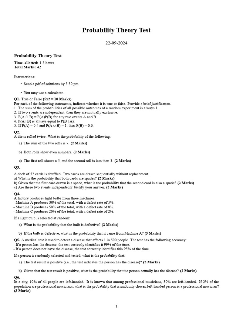 Test 1 | PDF | Probability Theory