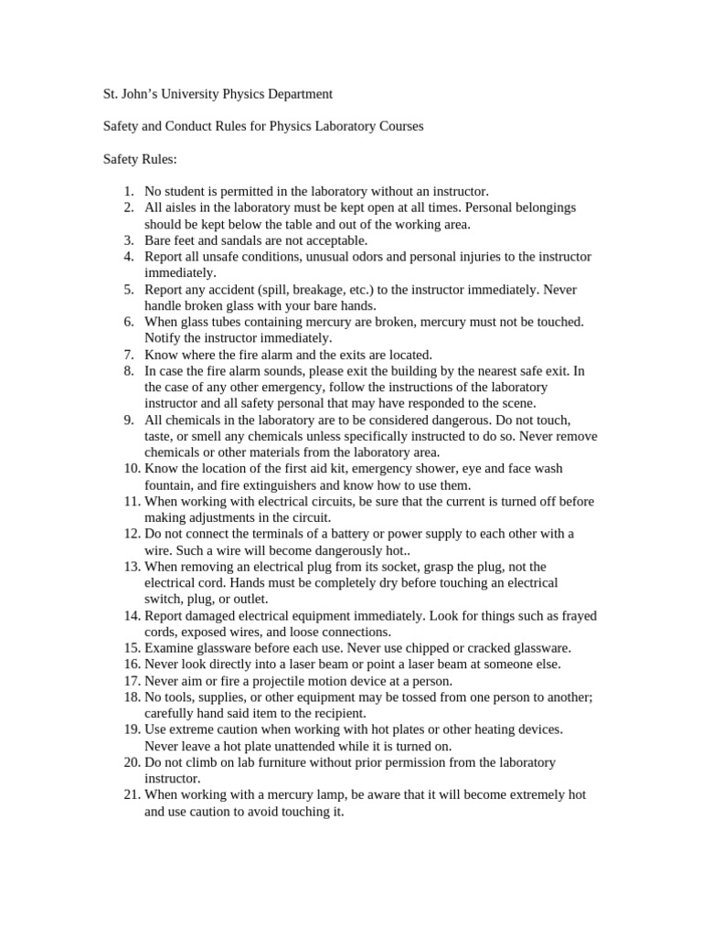 Safety and Conduct Rules For Physics Laboratory | PDF | Laboratories ...