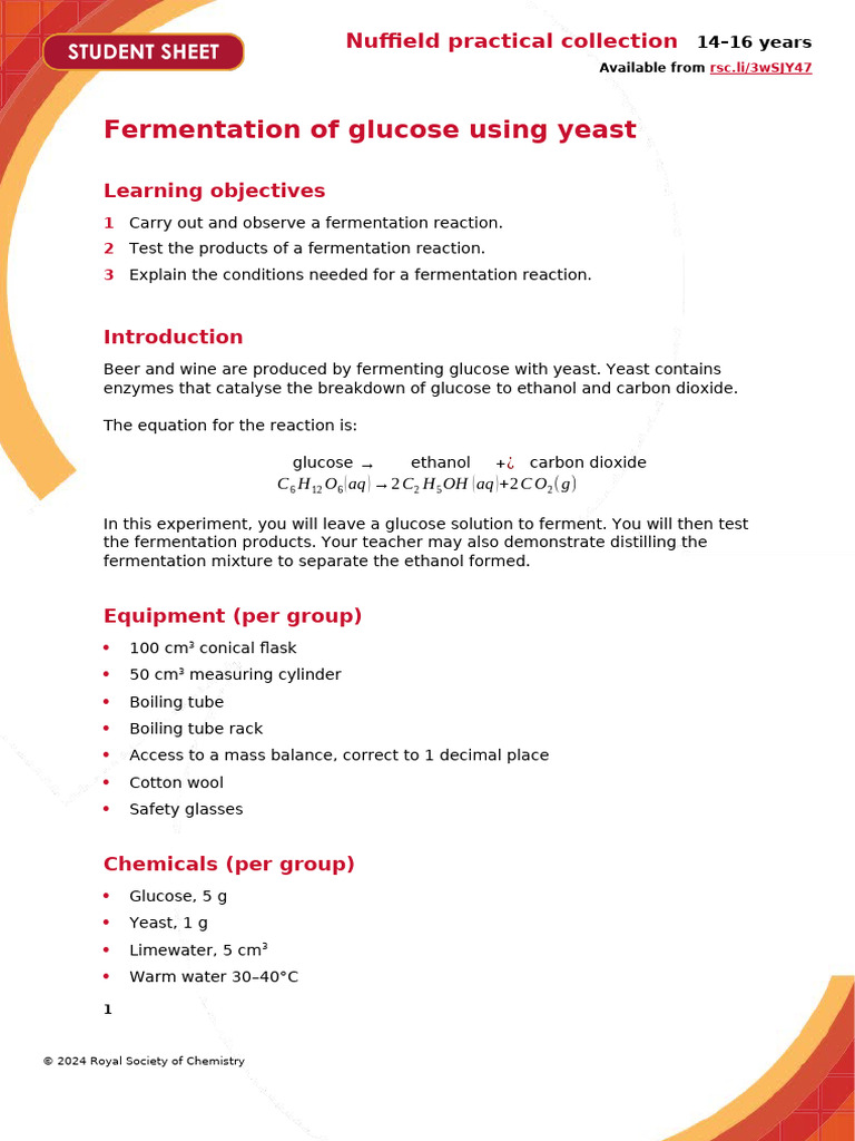 Fermentation of Glucose Using Yeast: Learning Objectives | PDF | Fermentation | Distillation