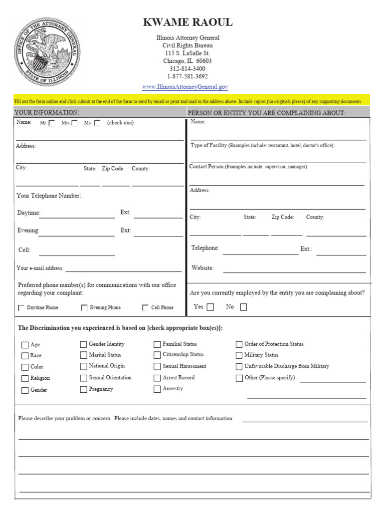 Illinois Attorney General Complaint Form | PDF | Equal Employment ...