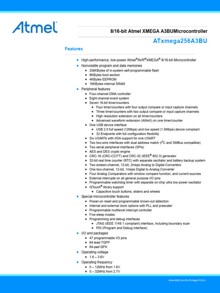 Atmel 8362 8 and 16bit AVR Microcontroller ATxmega256A3BU - Datasheet | PDF | Microcontroller ...