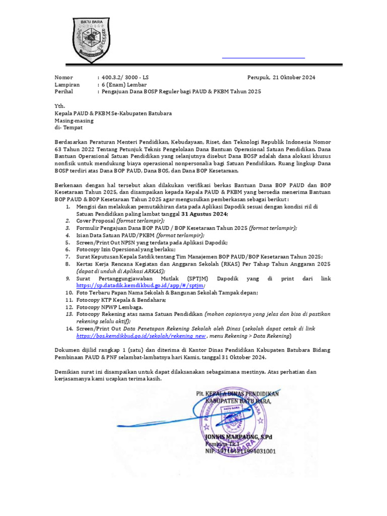 Surat Pengajuan BOSP PAUD PKBM 2025 | PDF