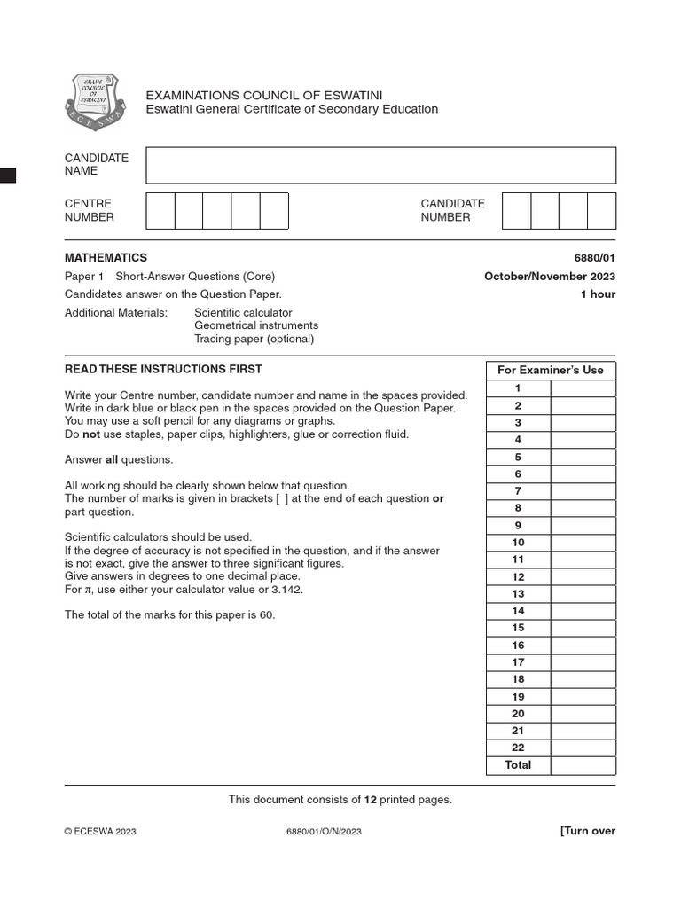 EGCSE Mathematics 2023 Question Paper 1 | PDF | Mathematics | Euclidean ...