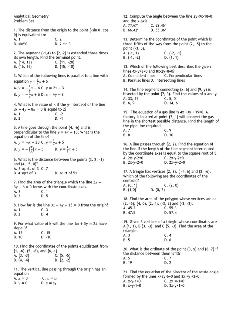Analytic Geometry and Prob Stat Problem Set | PDF | Line (Geometry) | Odds