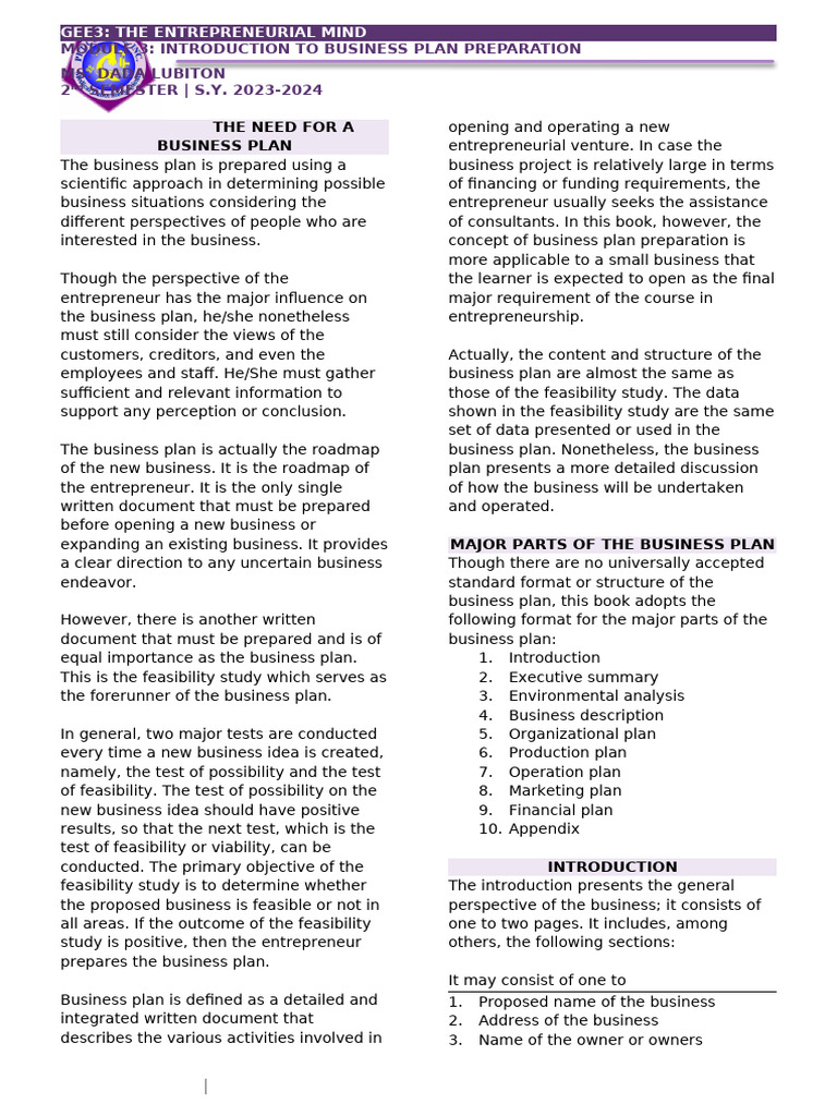 Module 3 Introduction To Business Plan Preparation | PDF | Entrepreneurship | Feasibility Study