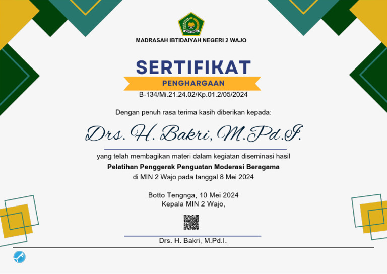 Contoh Sertifikat Pemateri Diseminasi | PDF