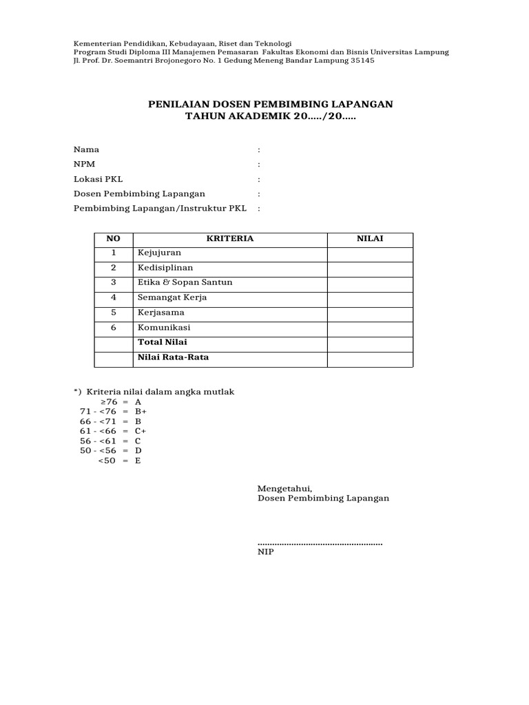 Form Penilaian DPL PKL | PDF | Karier & Perkembangan