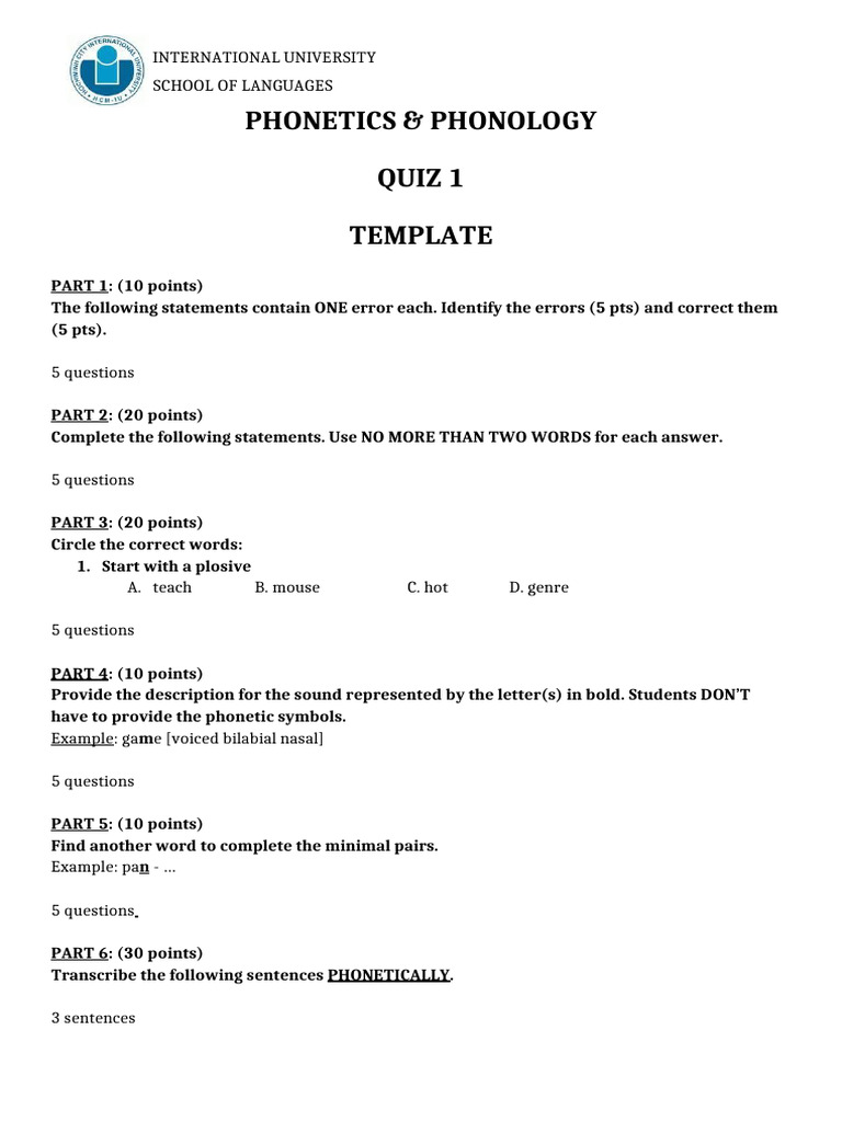Phonetics & Phonology Quiz Template | PDF