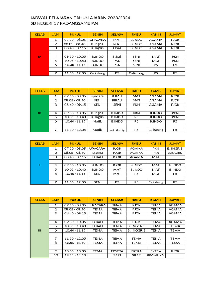 Jadwal Pelajaran Full Day | PDF