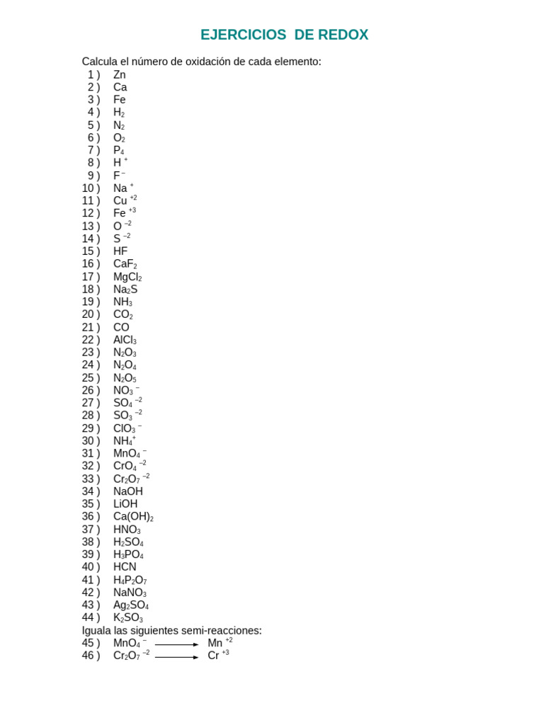 Ejercicios de Redox | PDF | Ciencias fisicas | Química Orgánica